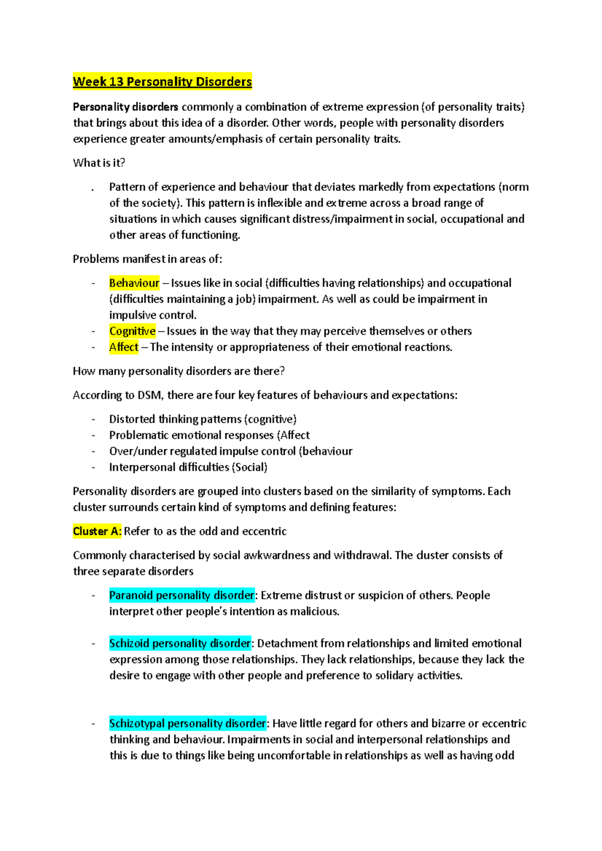 Week 13 Personality Disorders - Week 13 Personality Disorders ...