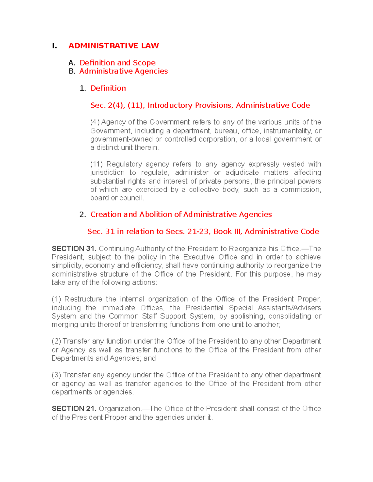Codal Admin Law codal provisions - I. ADMINISTRATIVE LAW A. Definition ...
