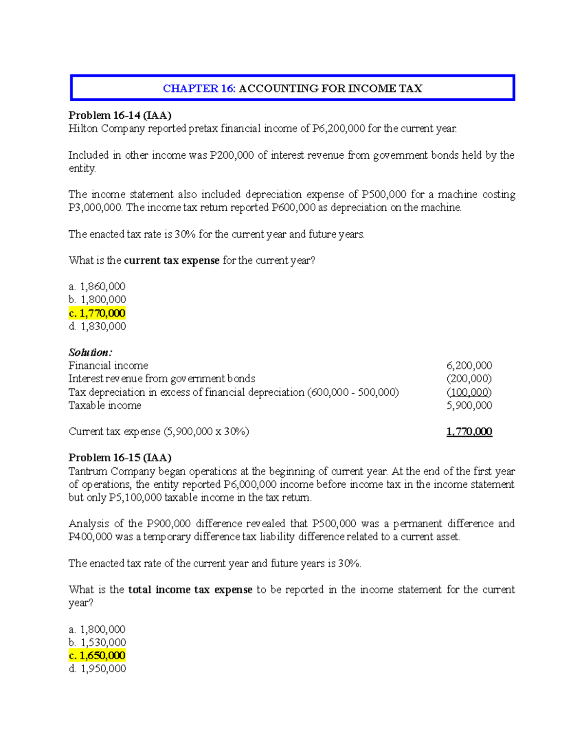 Chapter 16 Accounting For Income Tax Problem 16 14 IAA Hilton