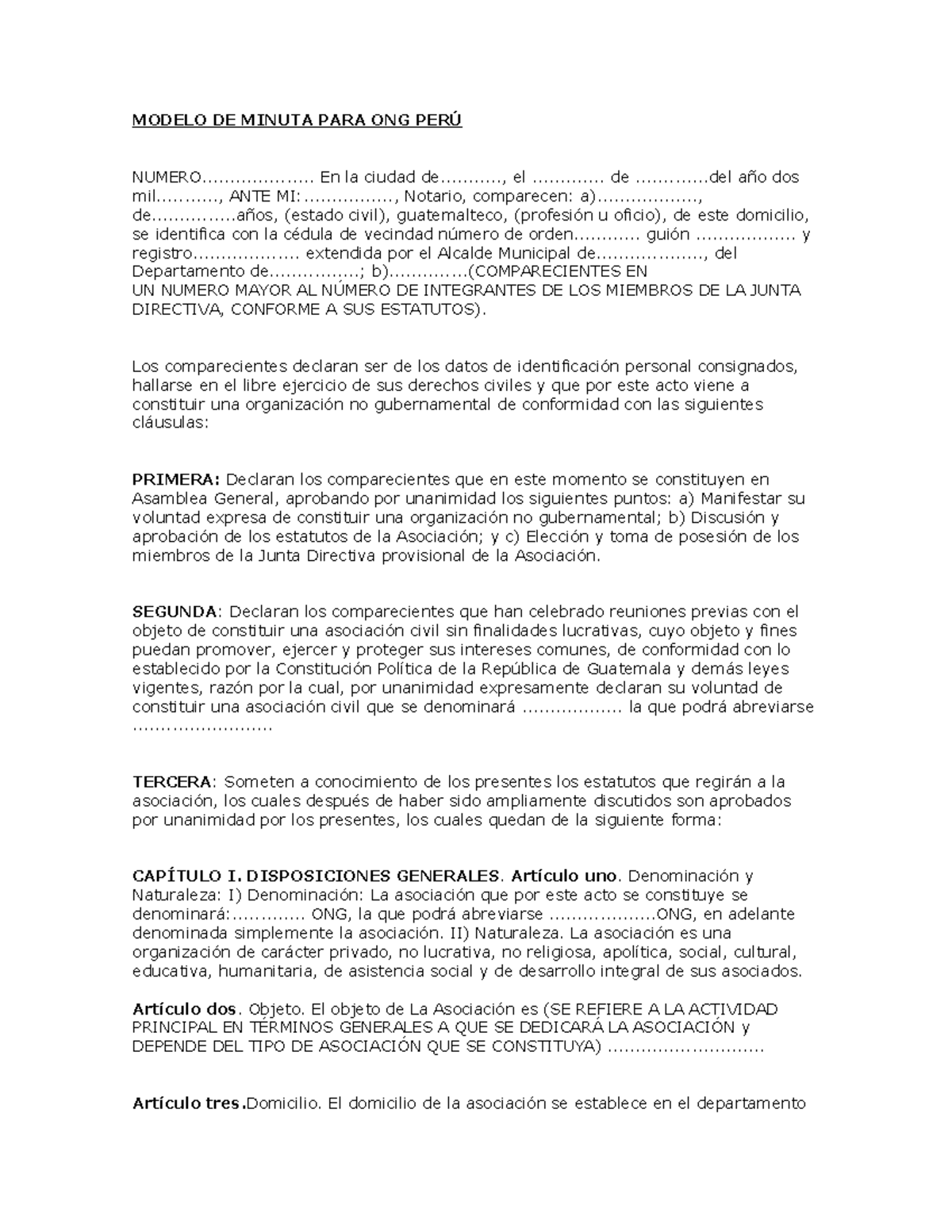 Modelo DE Minuta PARA ONG PERÚ - MODELO DE MINUTA PARA ONG PERÚ NUMERO