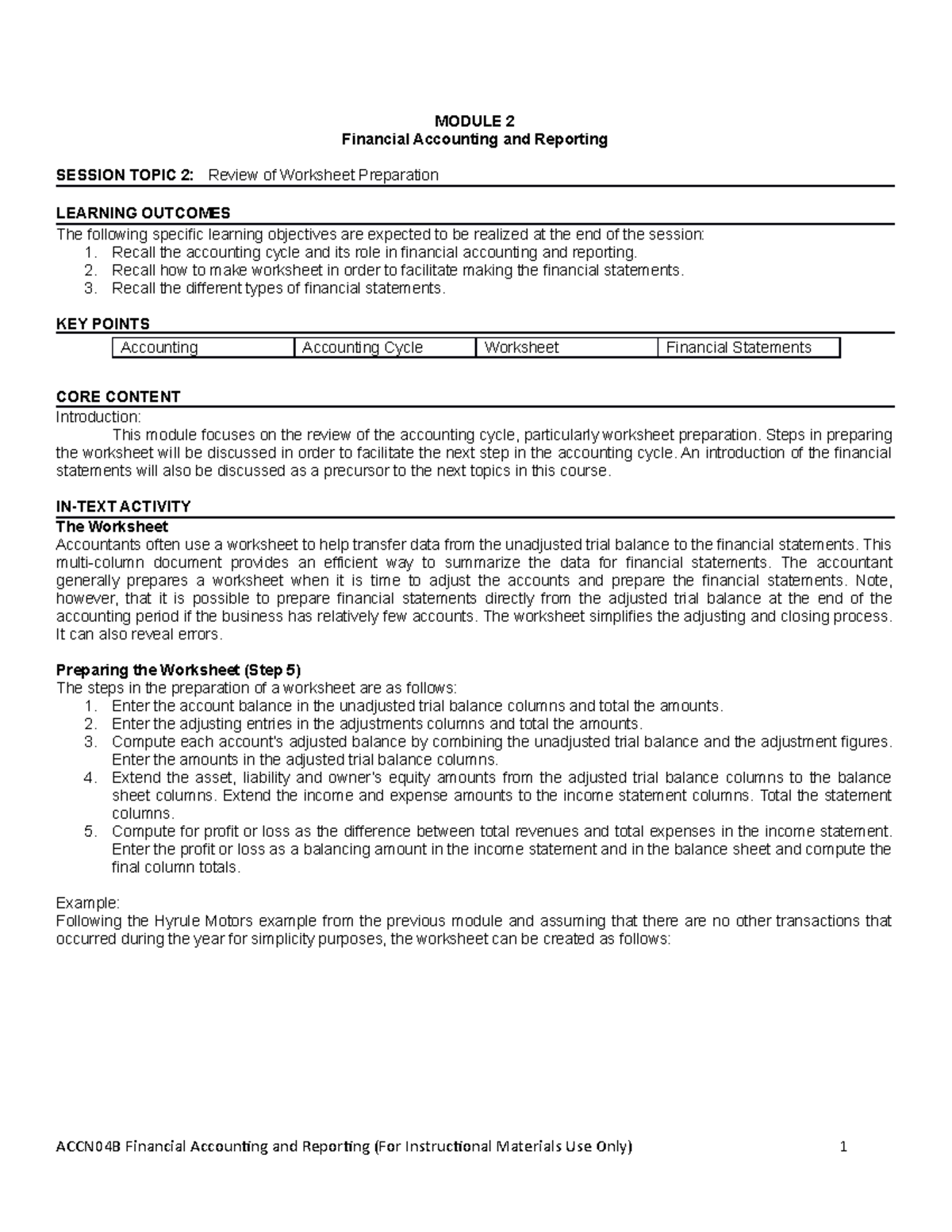 ACCN04B Module 2 - Review of Worksheet Preparation - MODULE 2 Financial ...