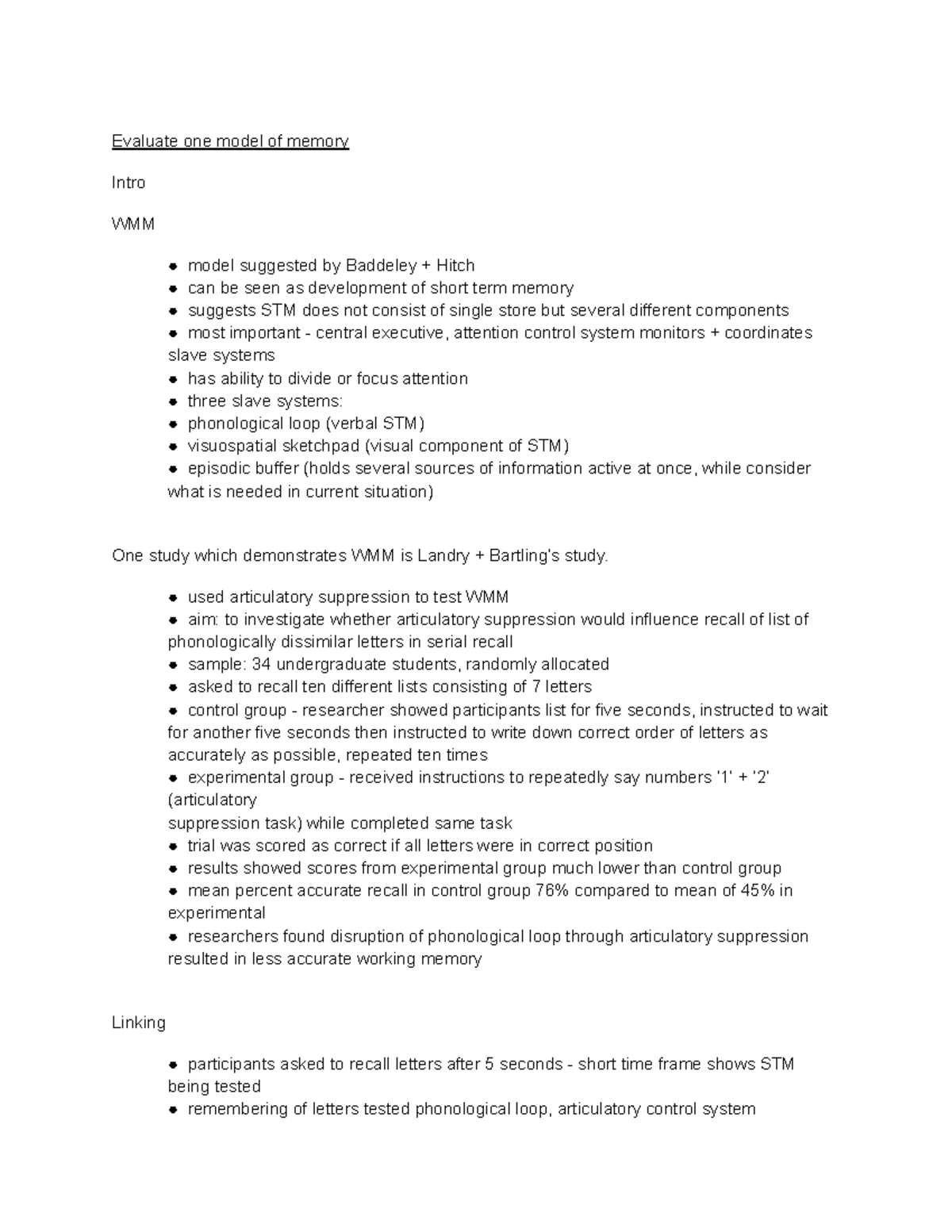 ERQ SAQ answer guide; Evaluate one model of memory - Evaluate one model of memory Intro WMM ...