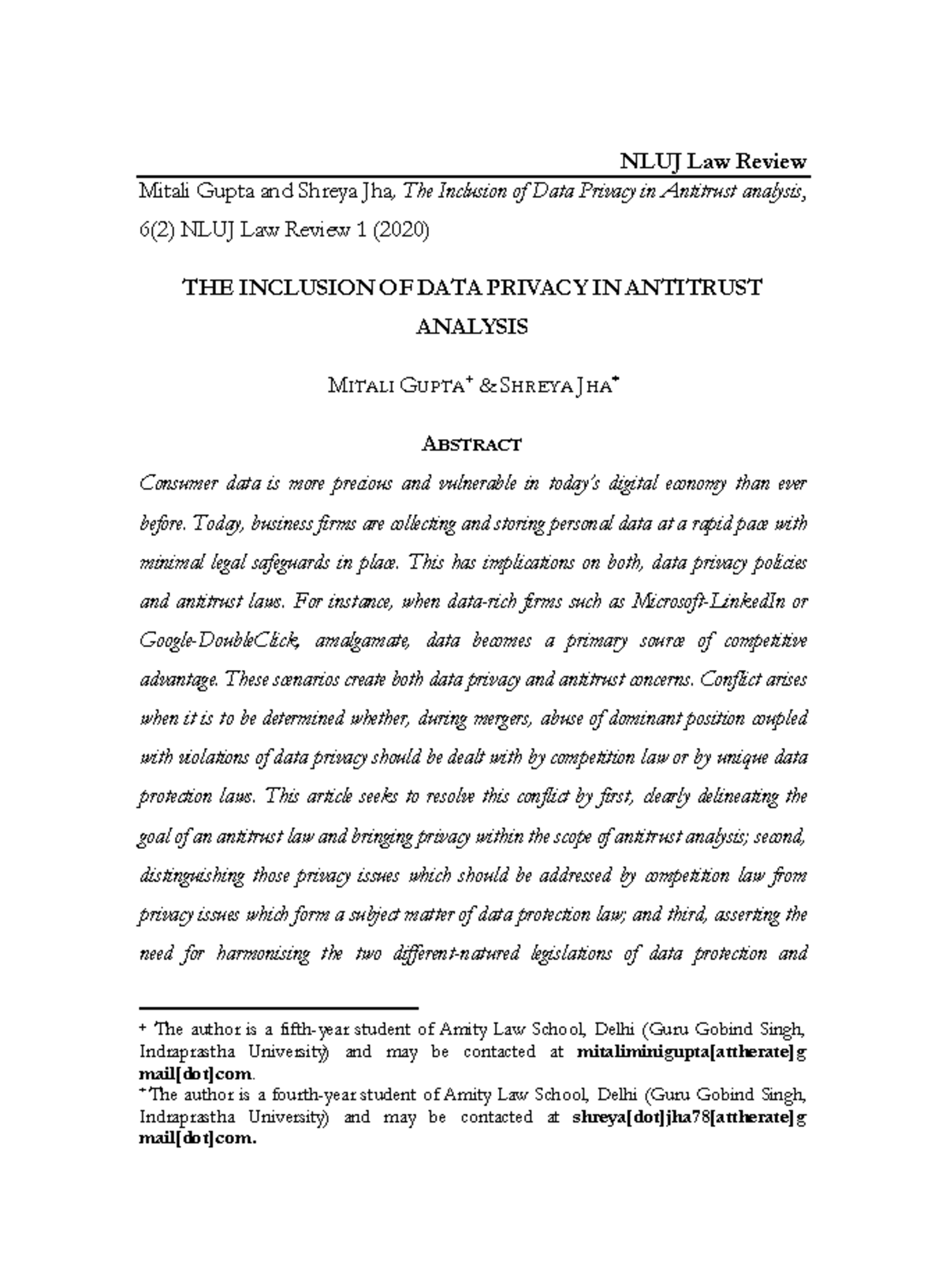 62 NLUJ Law Review 1 2020 - NLUJ Law Review Mitali Gupta and Shreya Jha ...