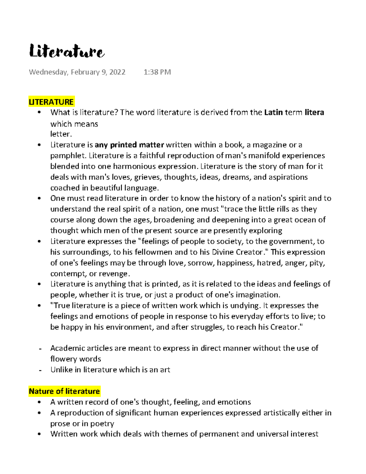 Introduction To Literature LITERATURE What Is Literature The Word