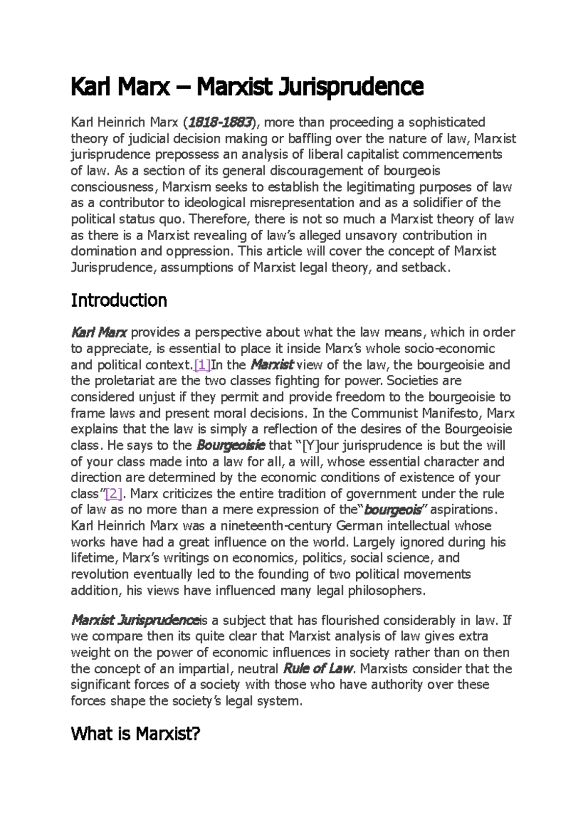 Karl Marx- Marxist Theory- Jurisprudence - Karl Marx – Marxist Jurisprudence Karl Heinrich Marx ...