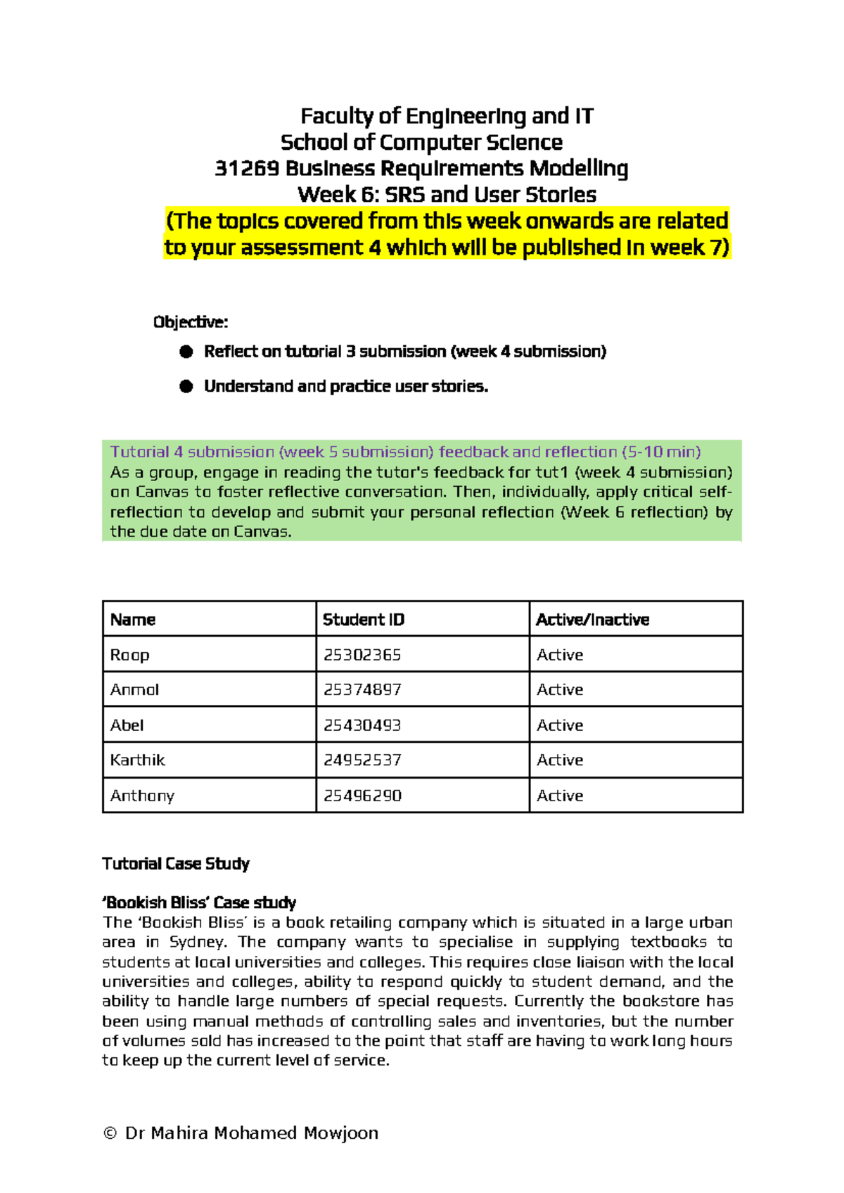 Tutorial 5 Week 6 - Faculty of Engineering and IT School of Computer Science 31269 Business ...