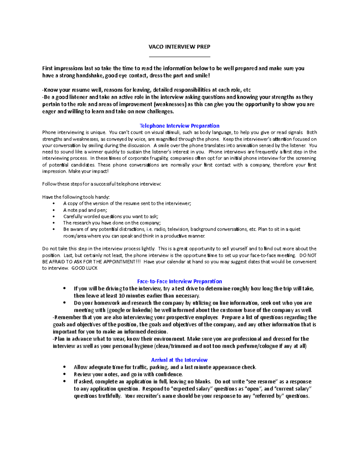 iv prep for candidates - VACO INTERVIEW PREP ...