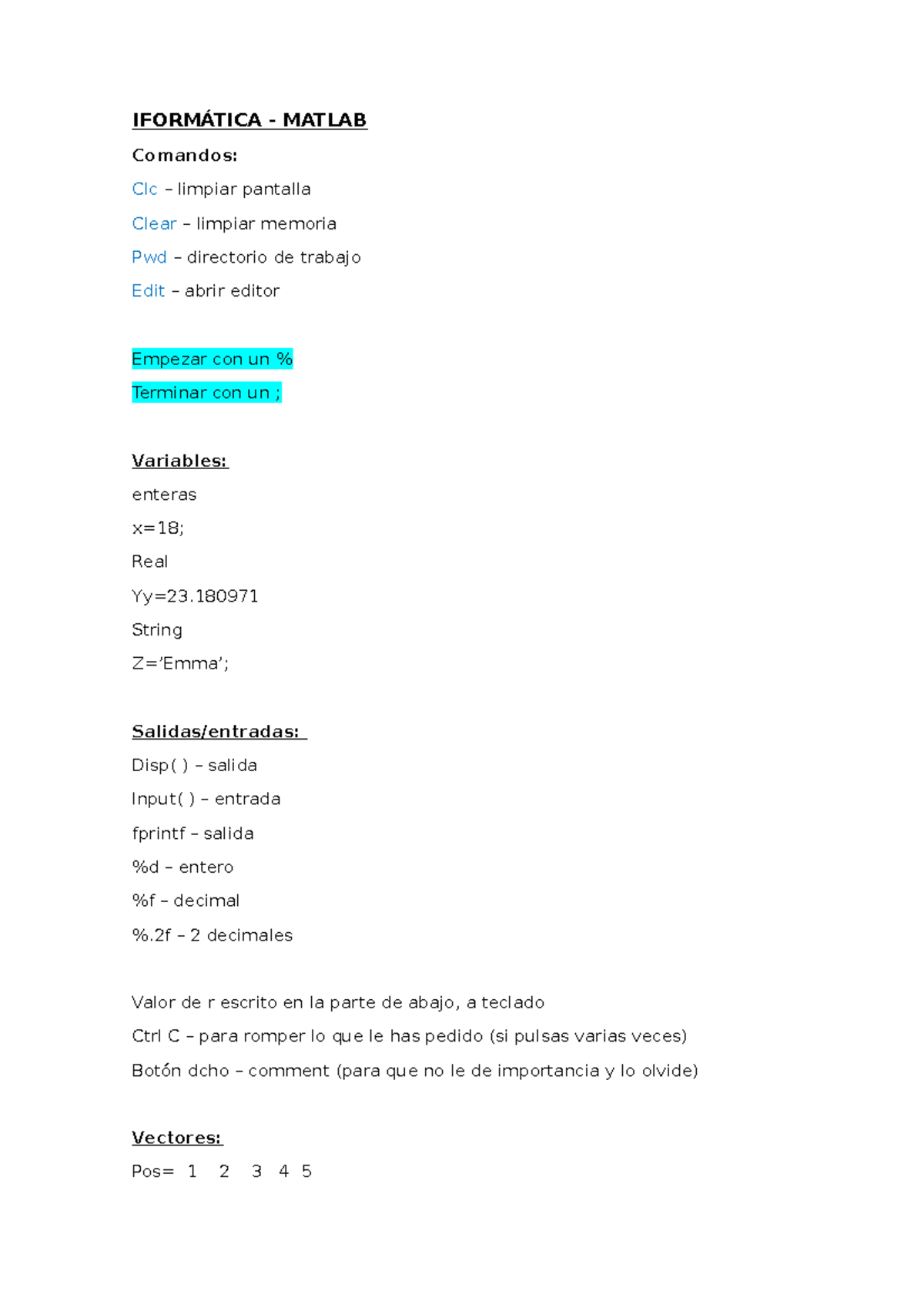 Informática matlab - apuntes tomados en clase, con algunos ejemplos ...