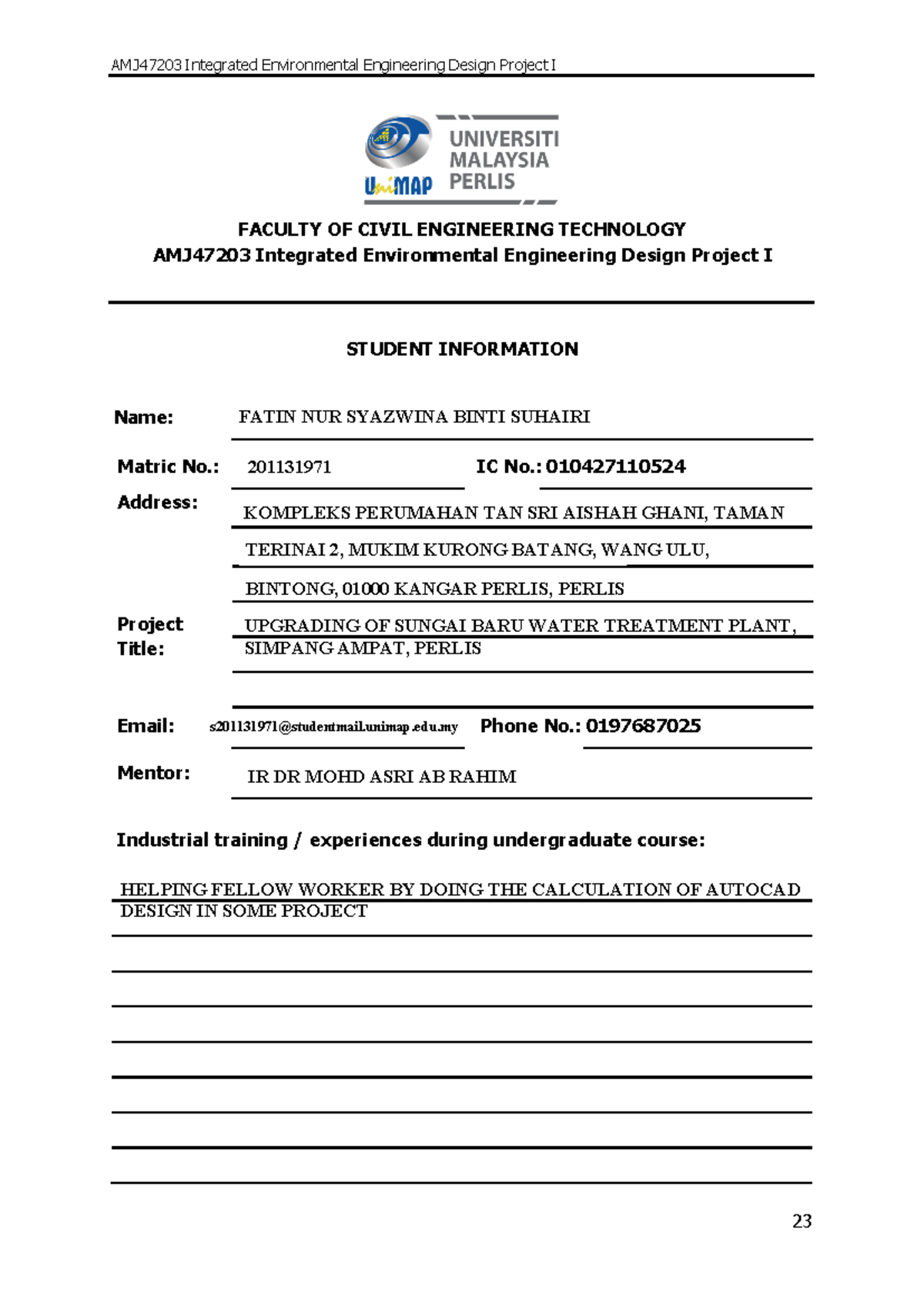 LOGBOOK Integrated Design Plan (IDP 1) - FACULTY OF CIVIL ENGINEERING ...