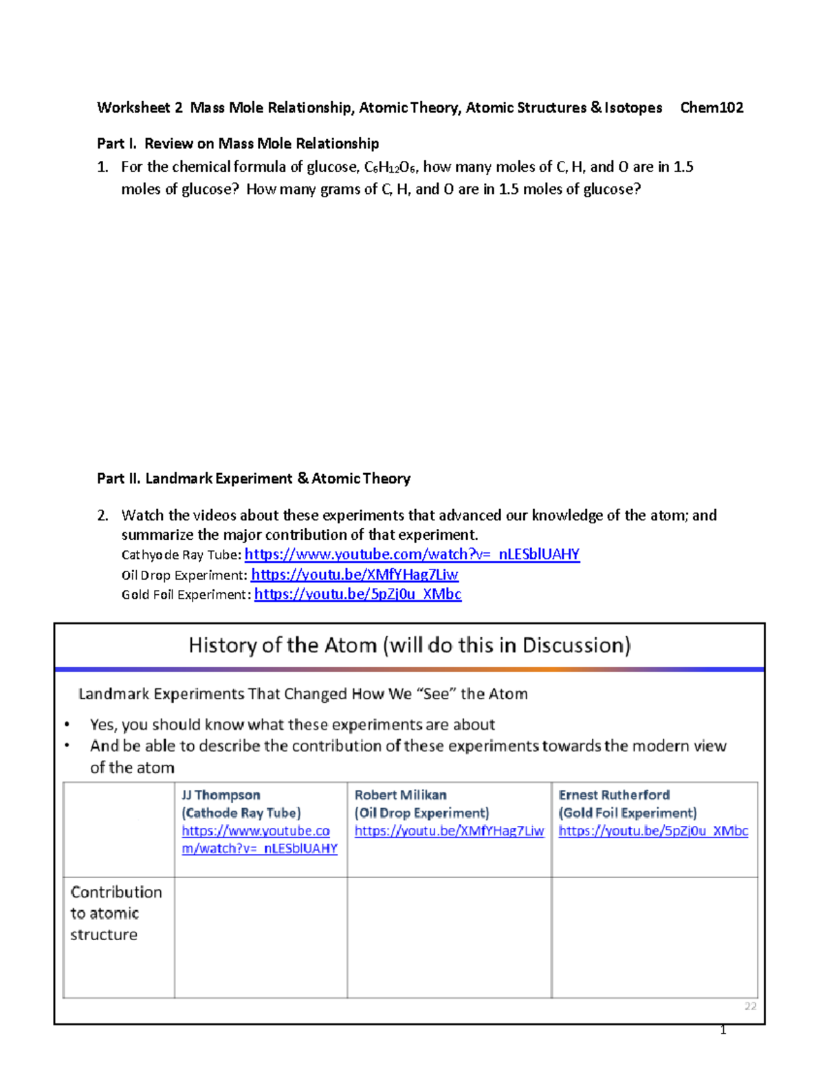 Worksheet 2 Mole Mass Relationship, Atomic Theory, Atomic Structure ...
