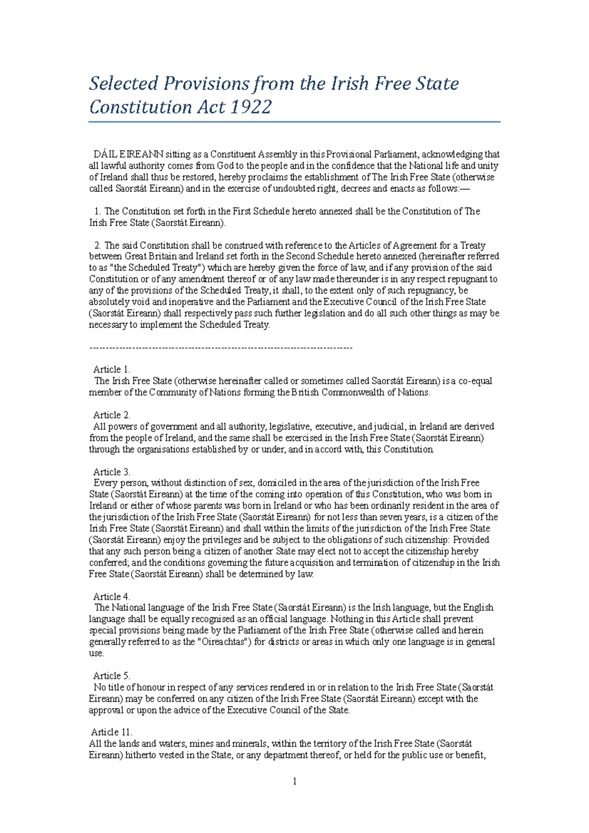 Extracts from 1922 Act - for constitutitonal law - Selected Provisions ...