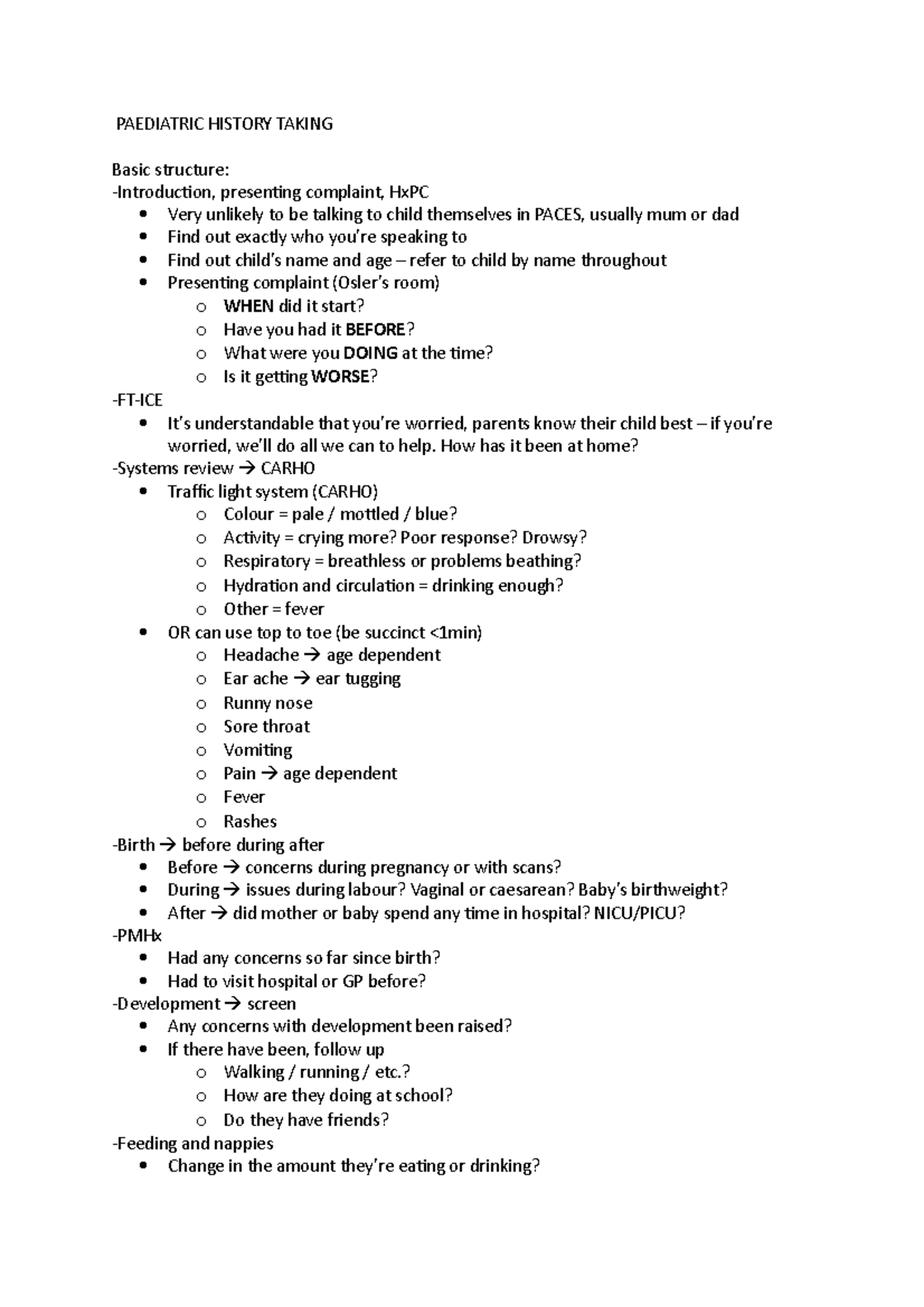 History taking and differentials for presentations - PAEDIATRIC HISTORY ...