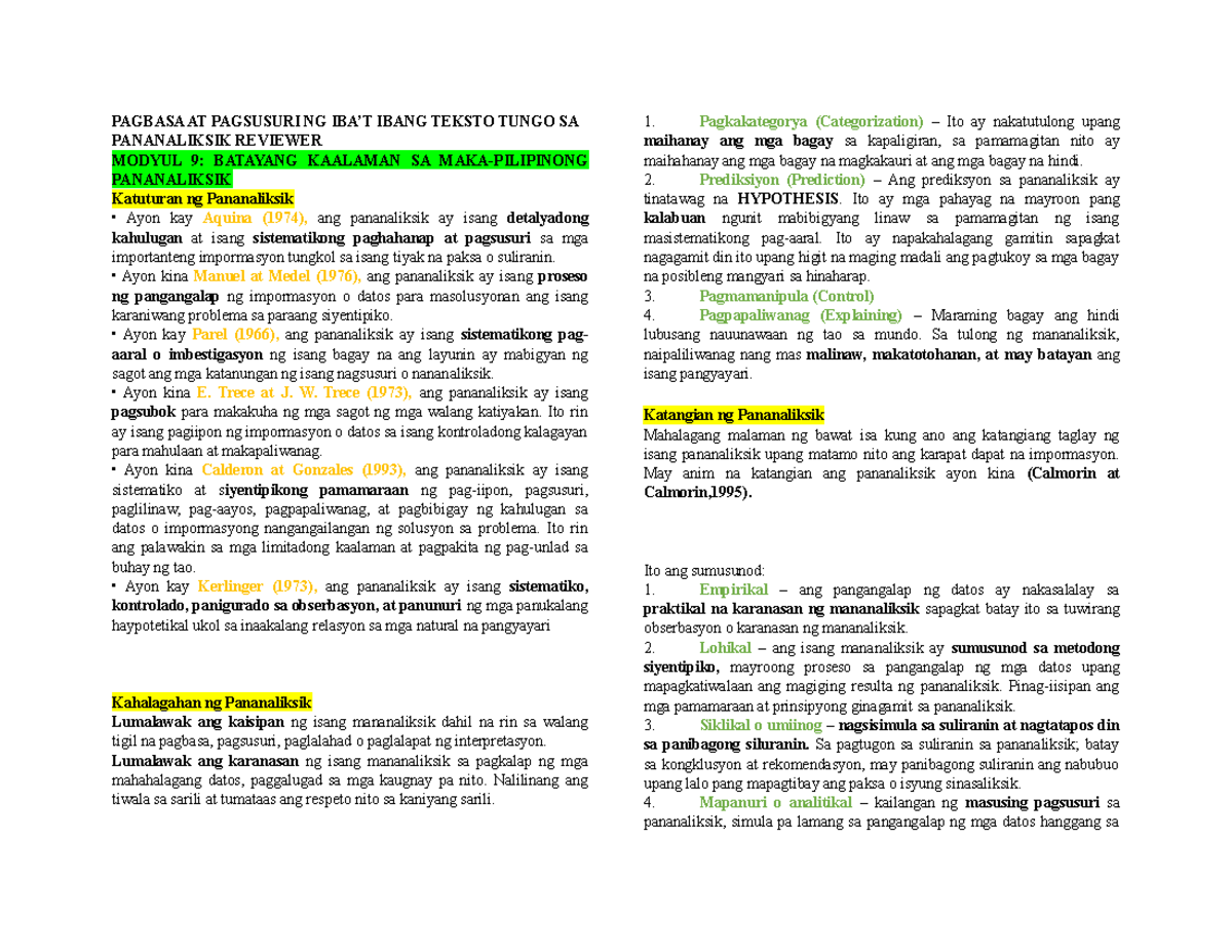 Pagbasa Quarter 4 Reviewer - PAGBASA AT PAGSUSURI NG IBA’T IBANG TEKSTO ...
