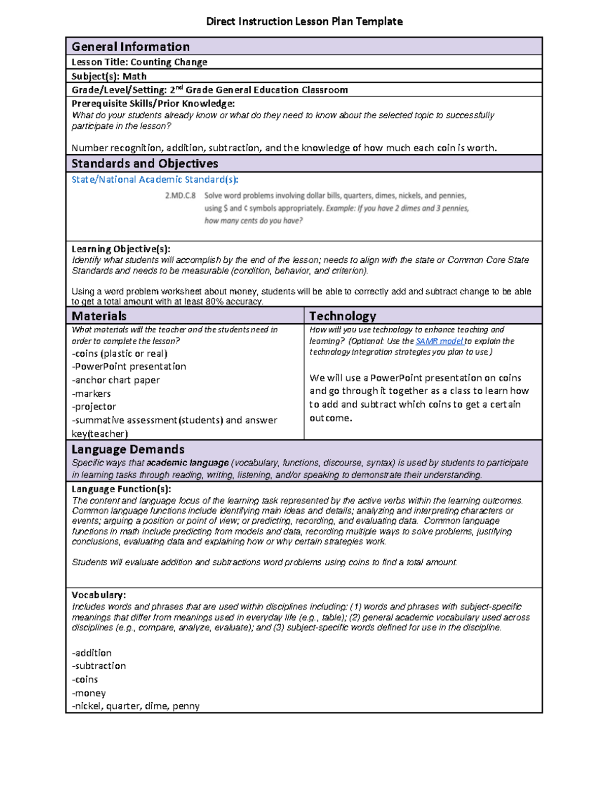 Math Tools - Lesson plan for math - Direct Instruction Lesson Plan ...