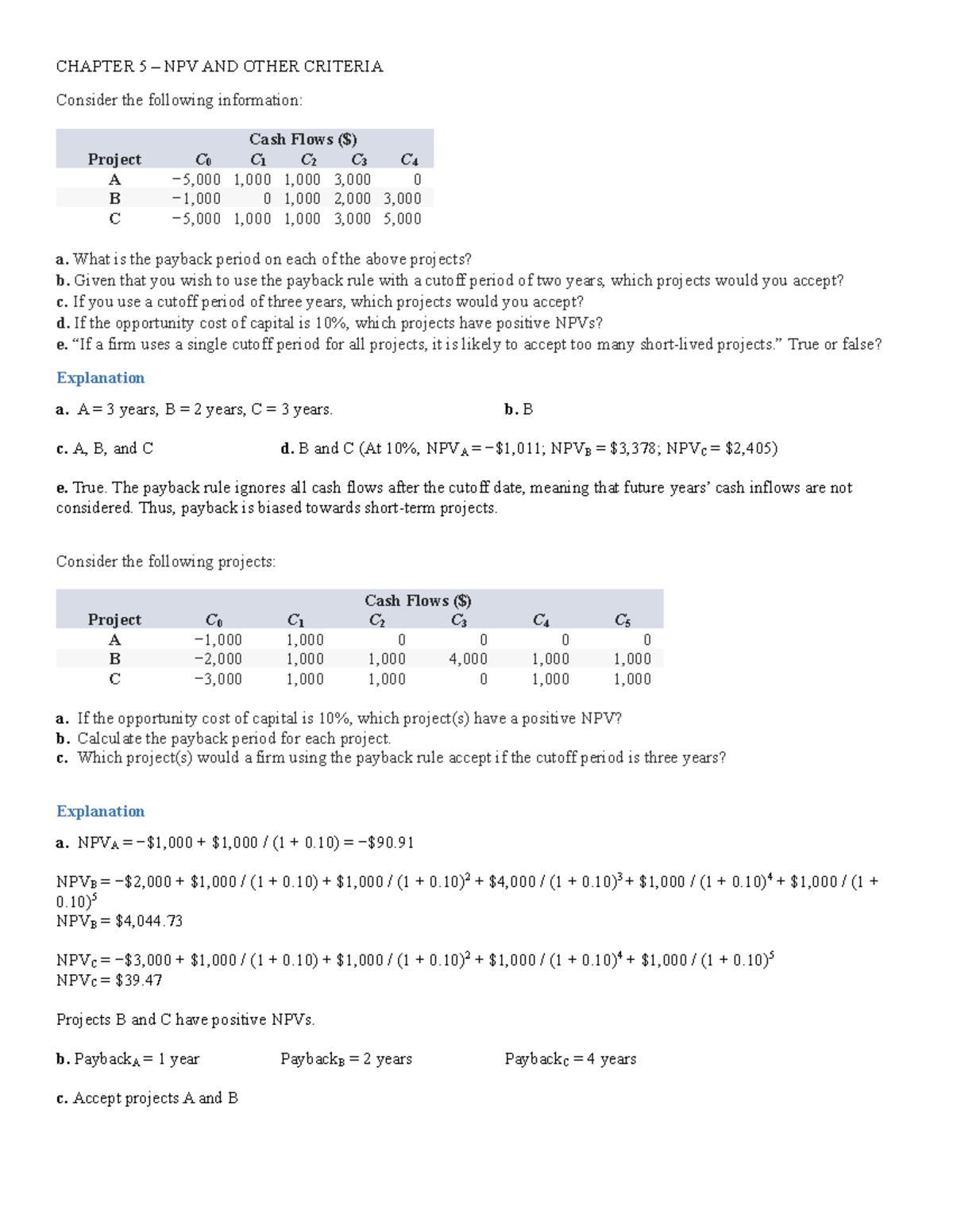 Chapter 5 NPV AND Other Criteria - CHAPTER 5 – NPV AND OTHER CRITERIA ...