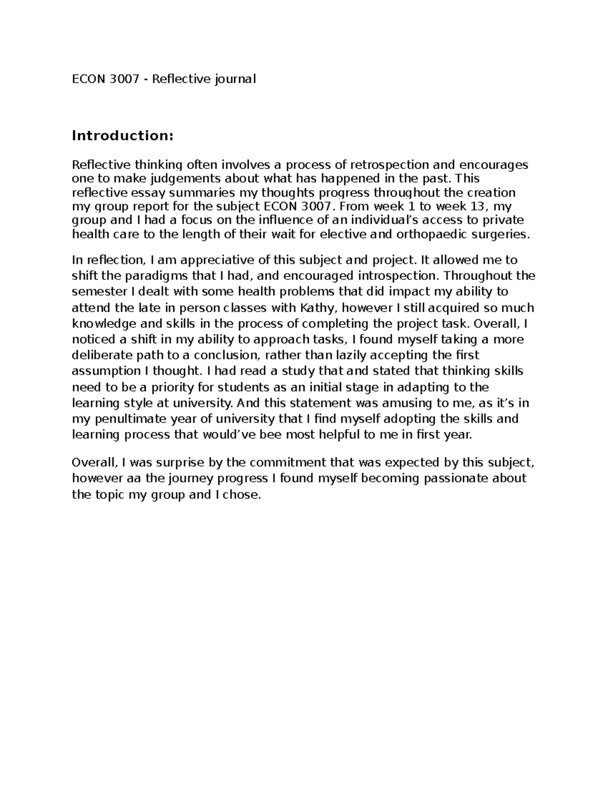 ECON 3007 - Reflective journal - ECON 3007 - Reflective journal ...
