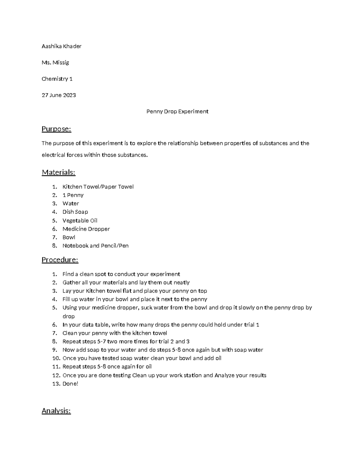Lab Report - Phase Changes - Aashika Khader Ms. Missig Chemistry 1 27 ...
