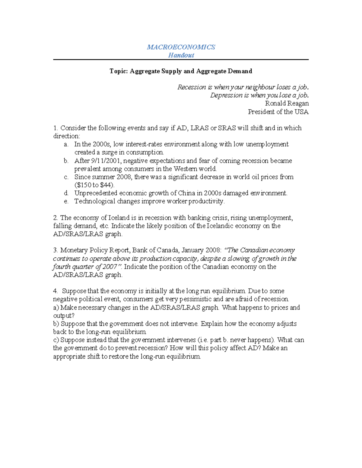 Topic 6 - AD AS - Handout - MACROECONOMICS Handout Topic: Aggregate ...