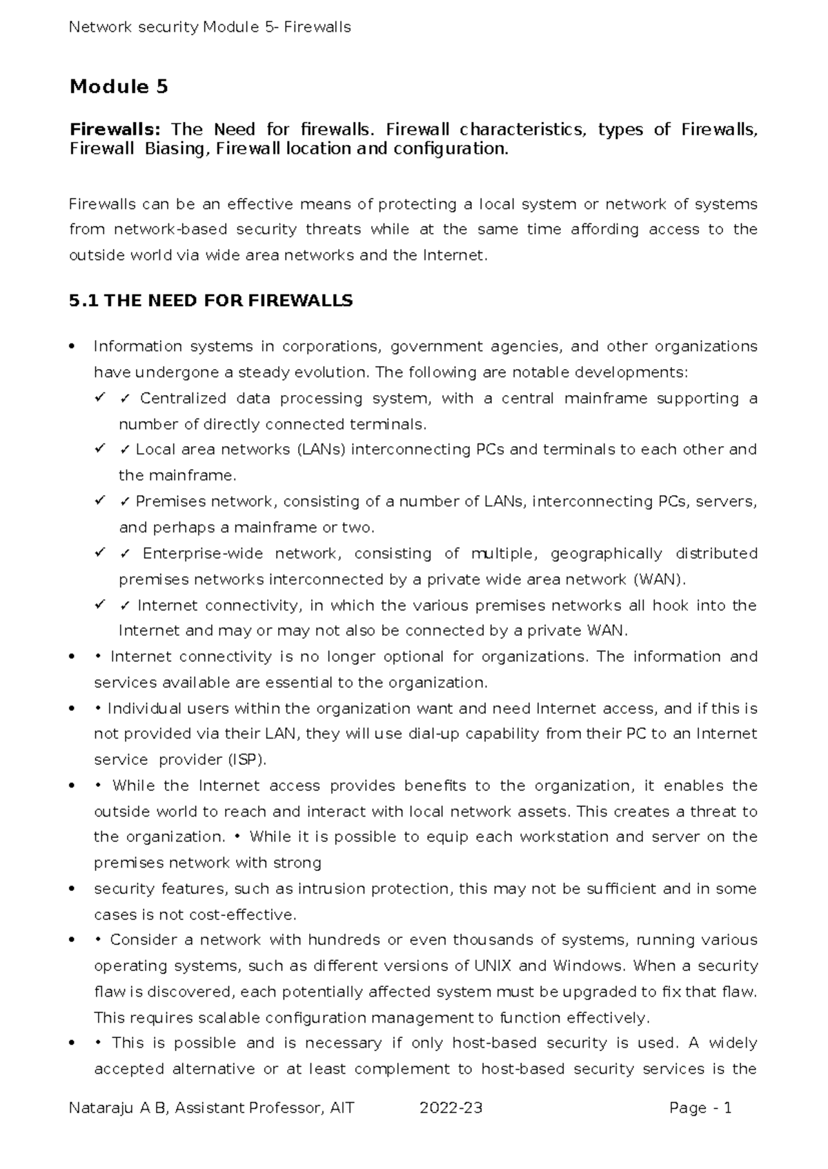 18EC821- Network Security - Module 5 Firewalls - Module 5 Firewalls: The Need for firewalls ...