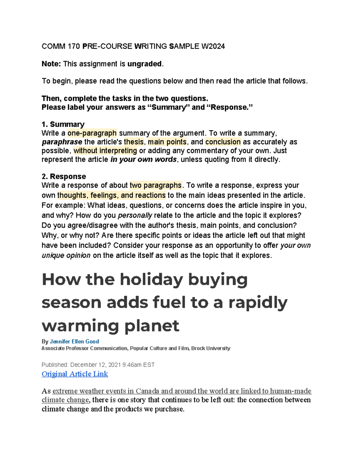 COMM 170 PRE- Course Writing Sample W2024 - COMM 170 PRE-COURSE WRITING SAMPLE W Note: This ...