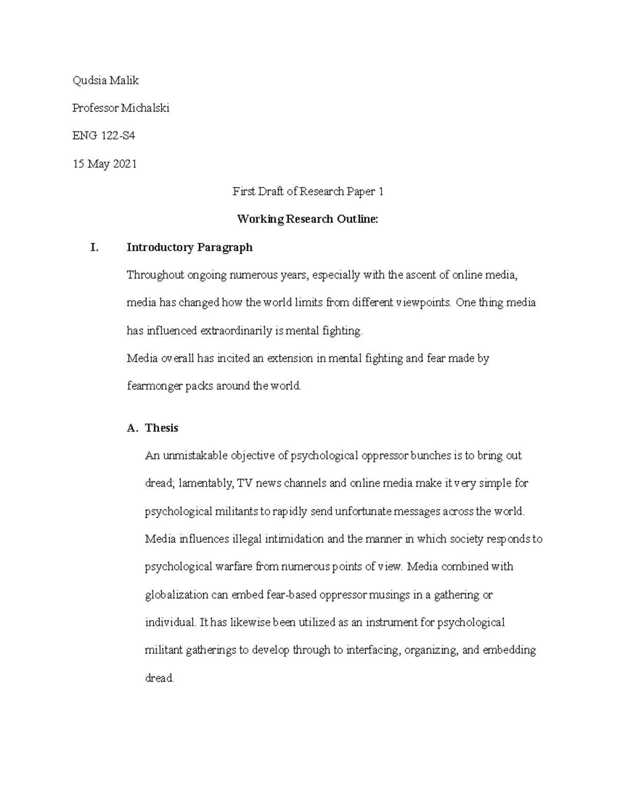 First Rough Draft of Research Paper 1-1 - Qudsia Malik Professor ...