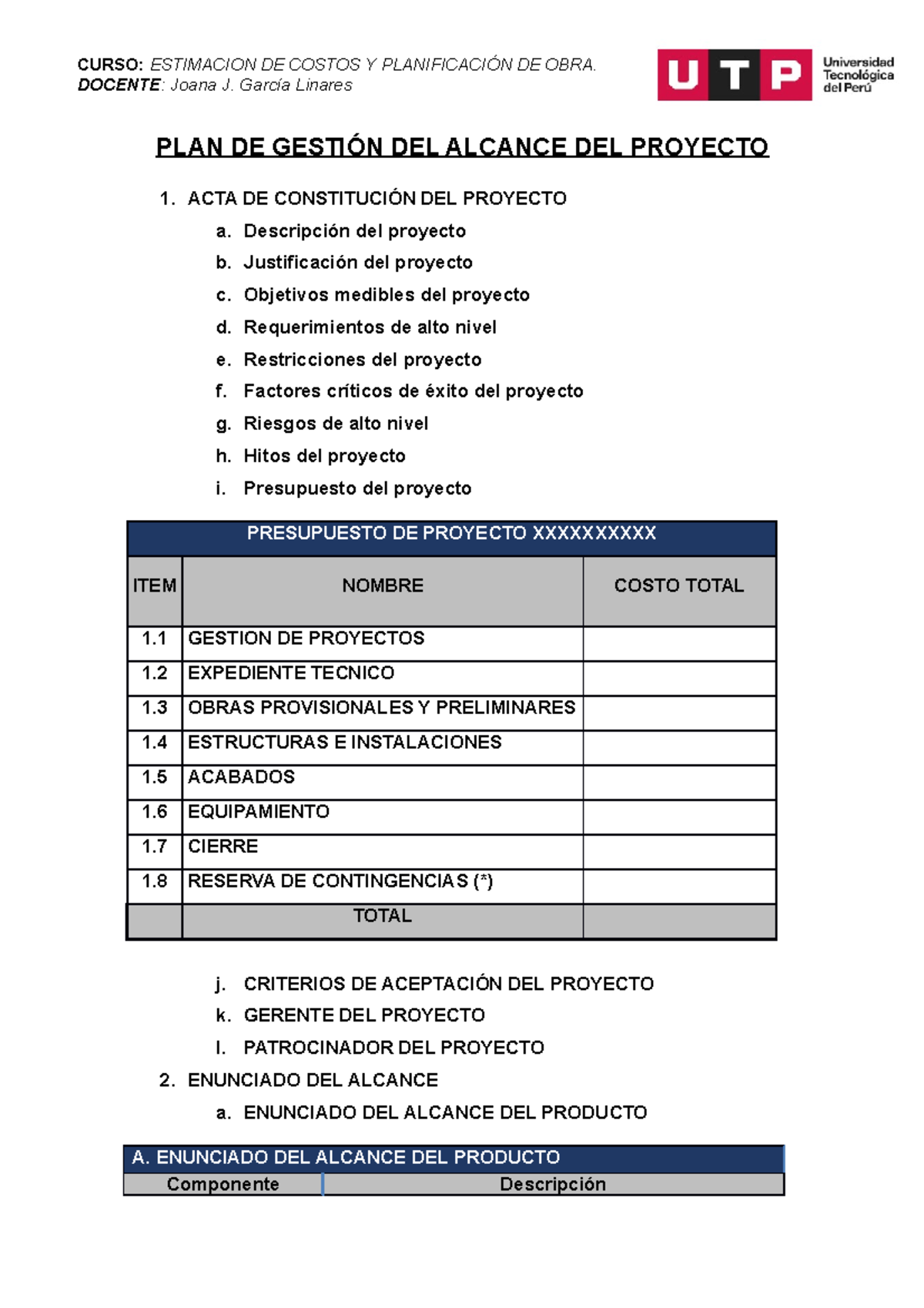 01 Formato DEL PLAN DE Gestión DEL Alcance DEL Proyecto - DOCENTE ...