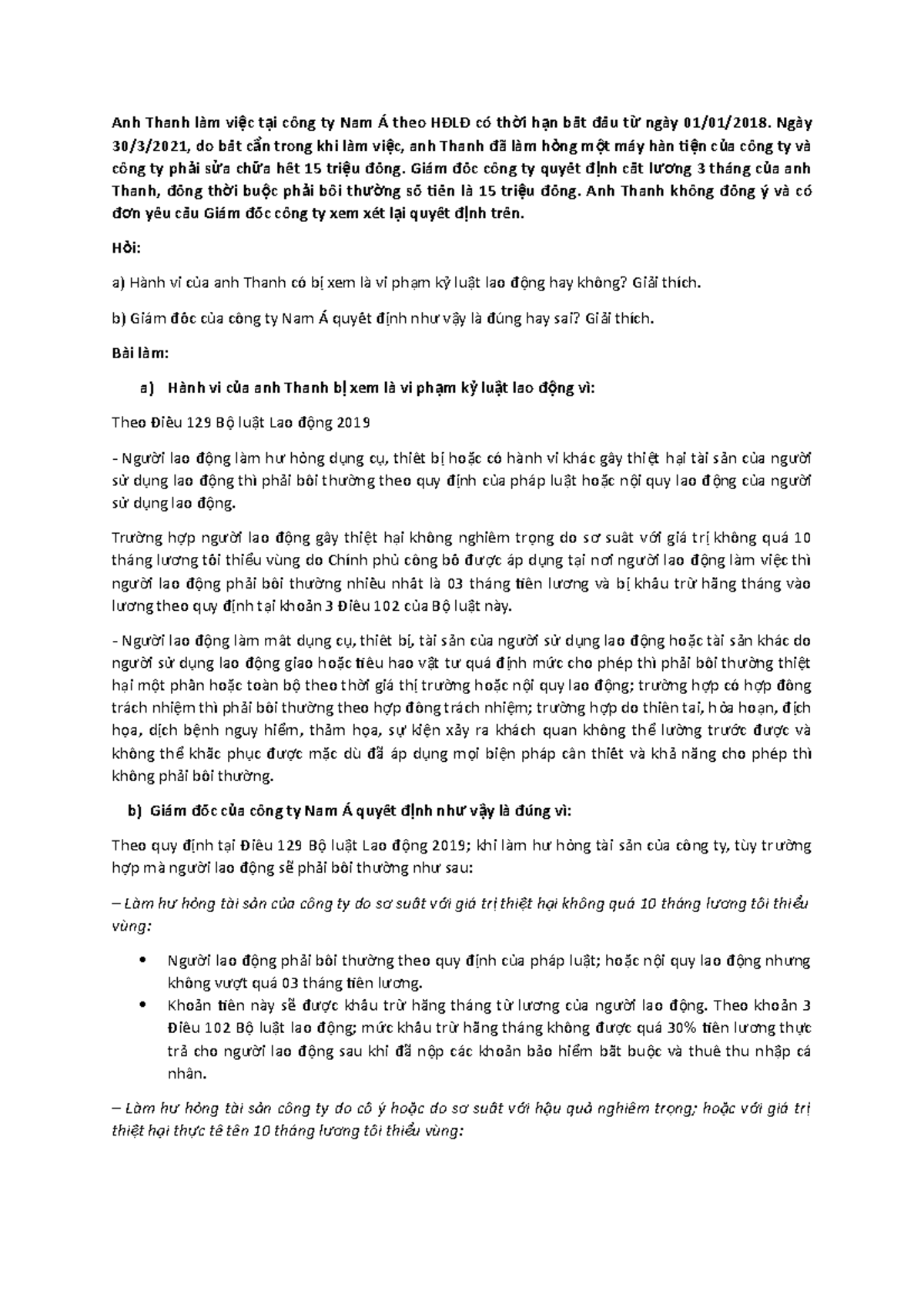 BT2 PLDC - bài tập - Anh Thanh làm vi c t i công ty Nam Á theo HĐLĐ có thệ ạ ời h n bắắt đầầu t ...