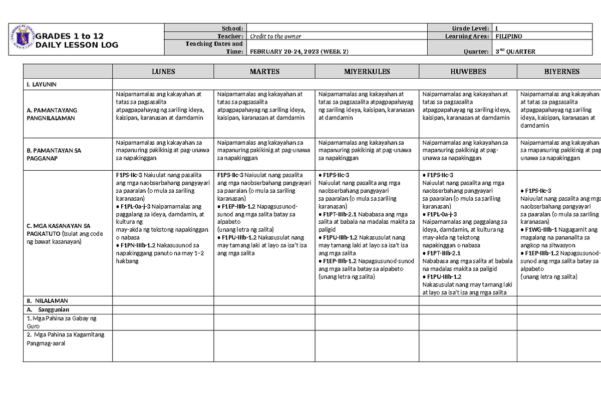 DLL Filipino 1 Q3 W2 - lesson plan - GRADES 1 to 12 DAILY LESSON LOG ...