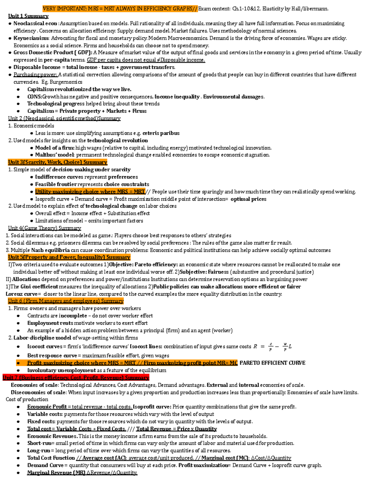 Introduction Economics Cheat Sheet - VERY IMPORTANT; MRS = MRT ALWAYS ...