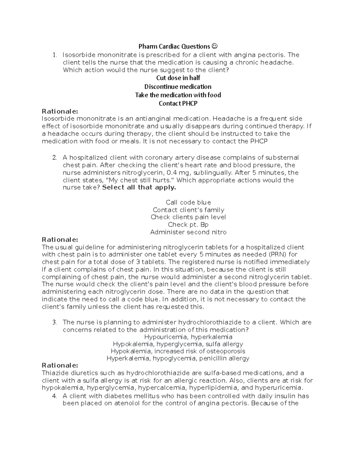 Pharm saunders - jwjbjwjd - Pharm Cardiac Questions 1. Isosorbide ...
