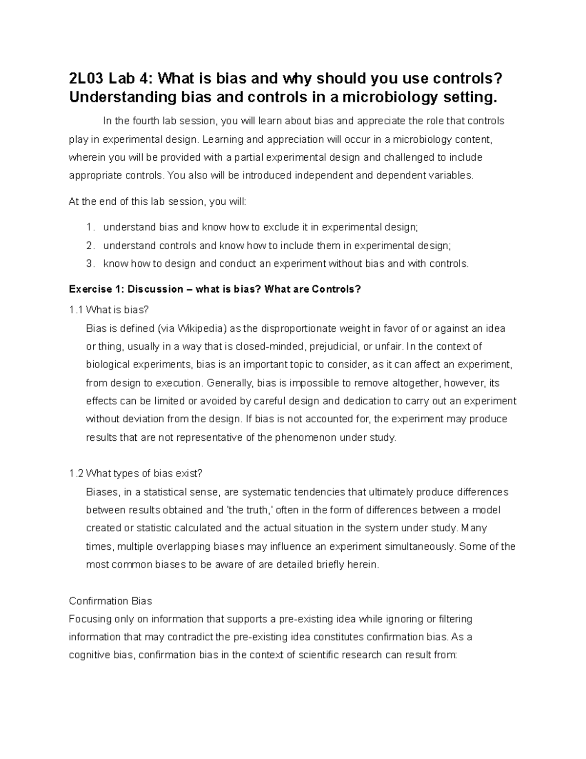 Lab 4 Manual 2l03 Lab 4 What Is Bias And Why Should You Use Controls Understanding Bias And 