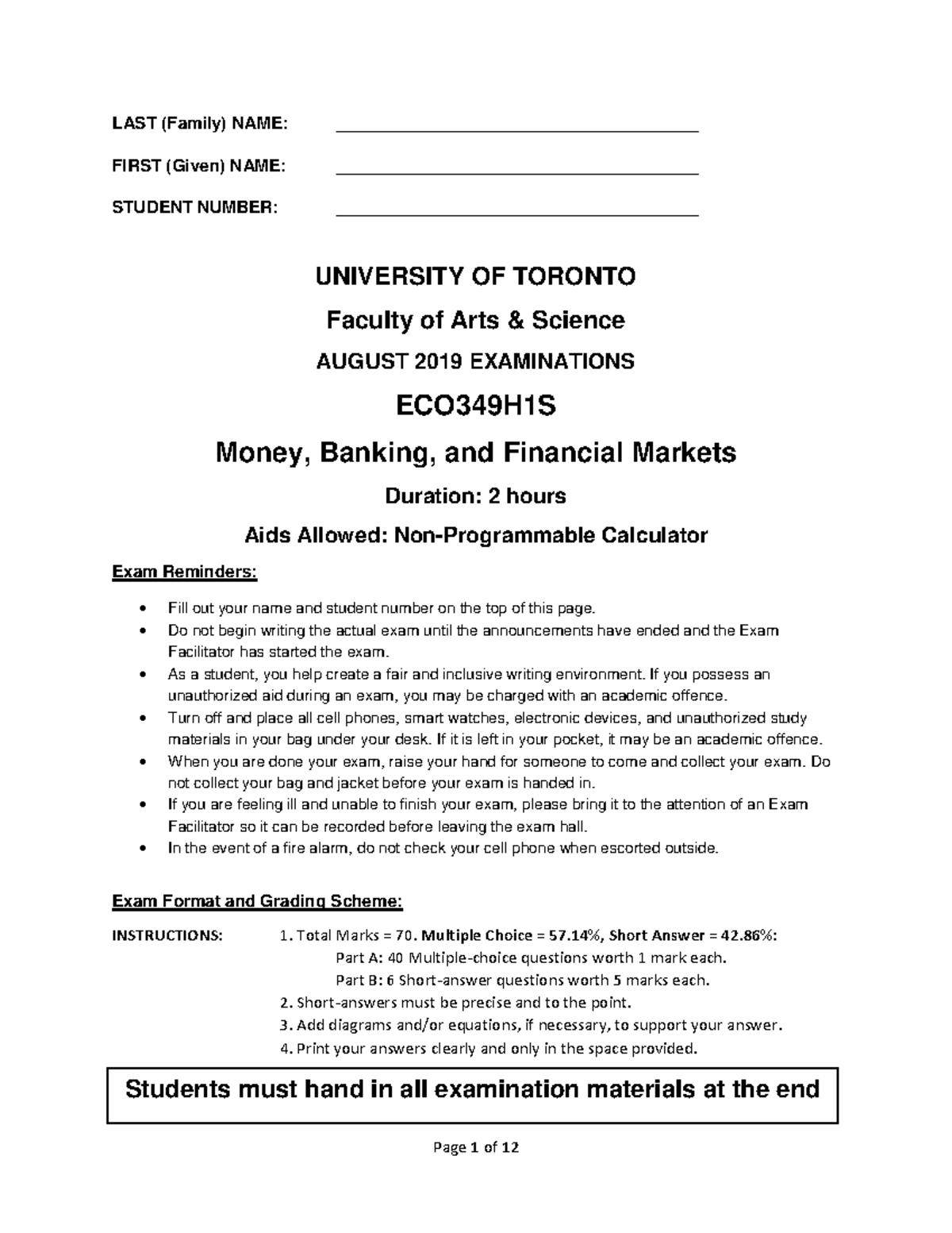 Eco349 exam in 2019 - Eco349H1 - U of T - Studocu