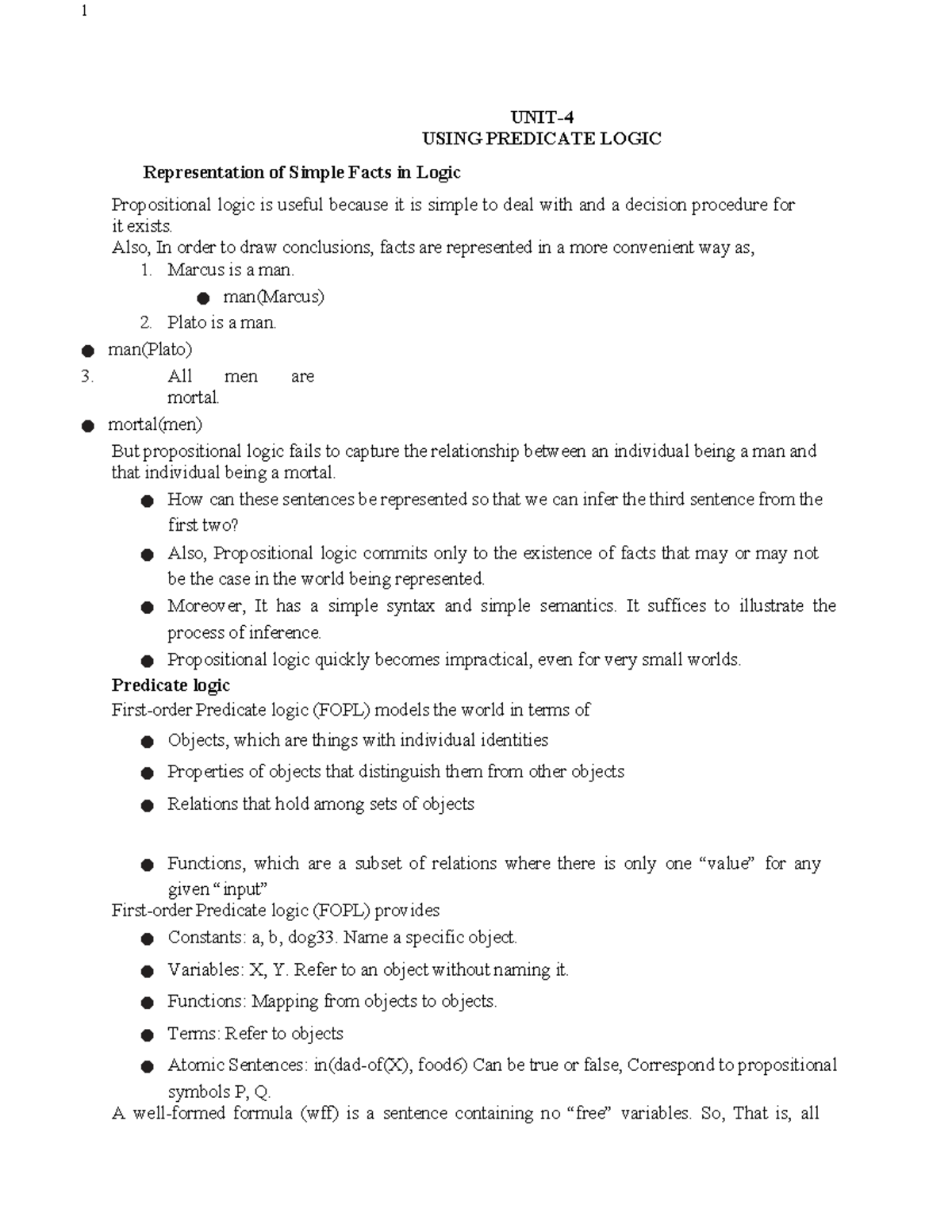 AI -unit-4 - UNIT- USING PREDICATE LOGIC Representation of Simple Facts ...
