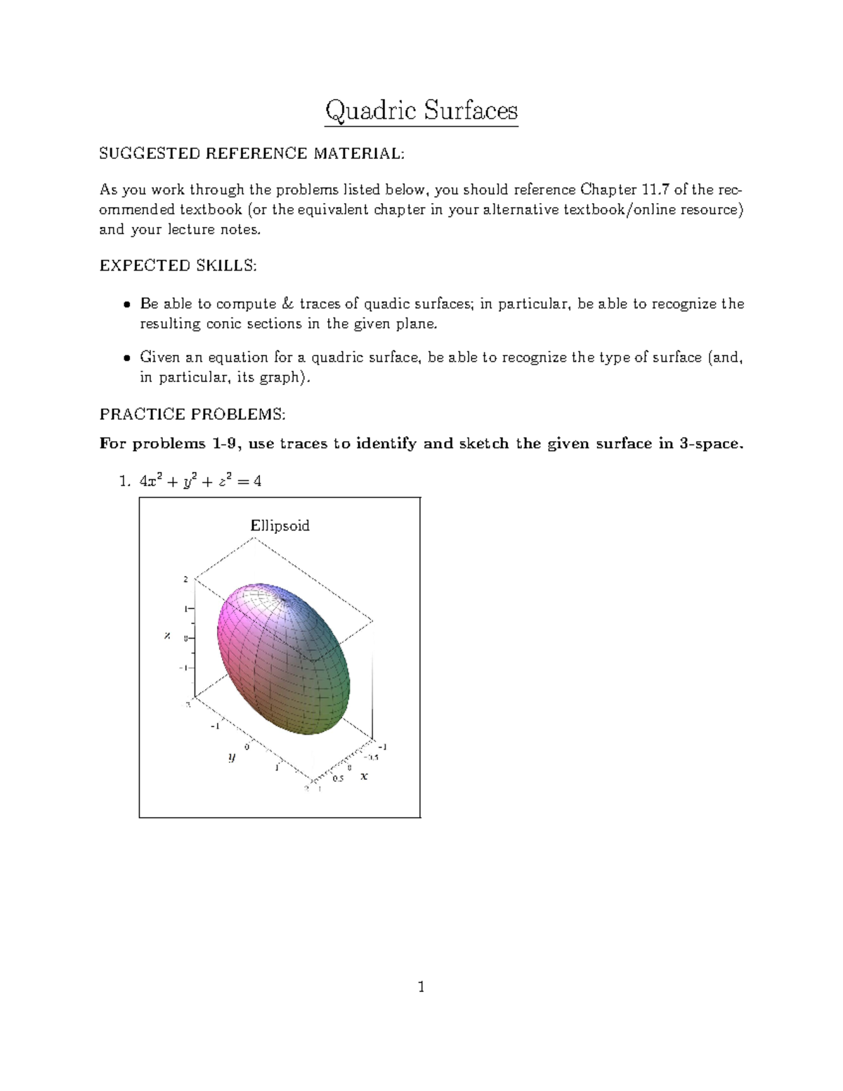 Homework 11 - TURORIAL WORK FOR MTHS 211 - Quadric Surfaces SUGGESTED ...