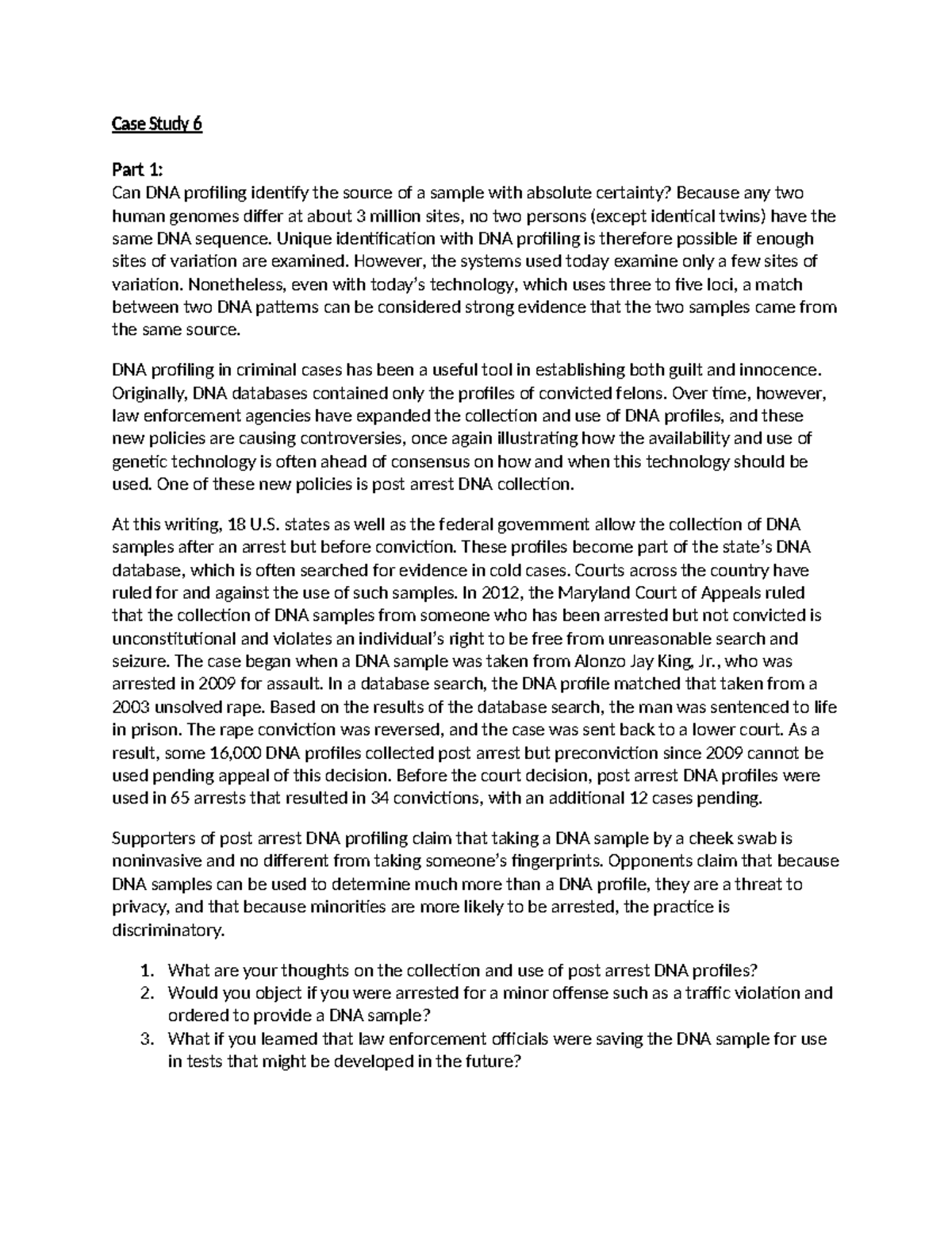 Case Study 6 - Unique identification with DNA profiling is therefore ...