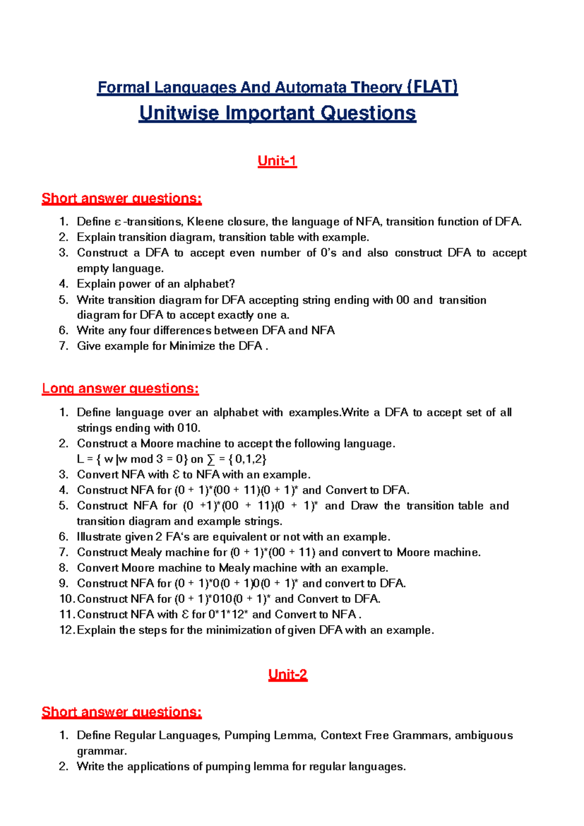 FLAT imp - Formal Languages And Automata Theory (FLAT) Unitwise Important Questions Unit- 1 ...