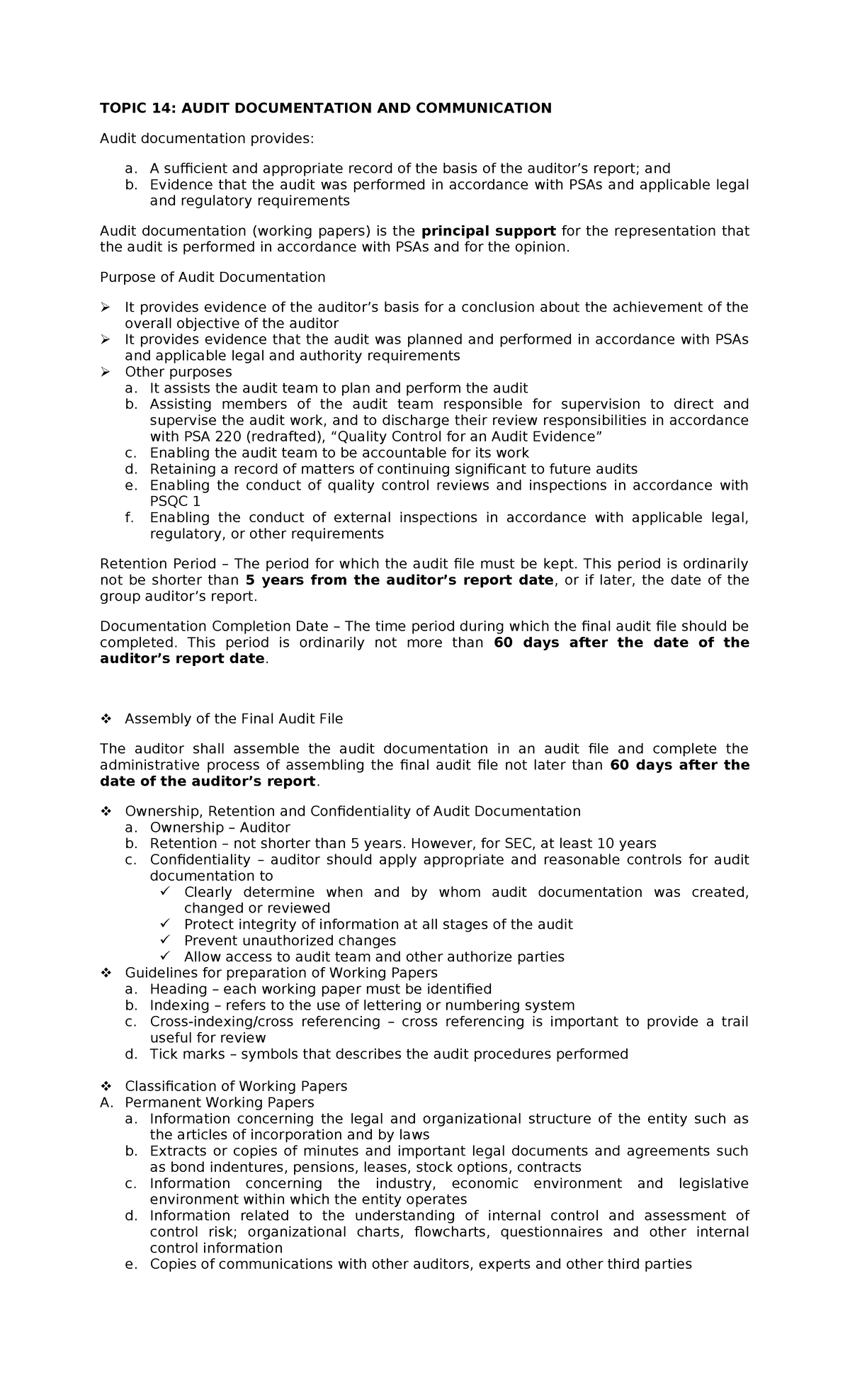 14 Audit Documentation AND Communication - TOPIC 14: AUDIT DOCUMENTATION AND COMMUNICATION Audit ...