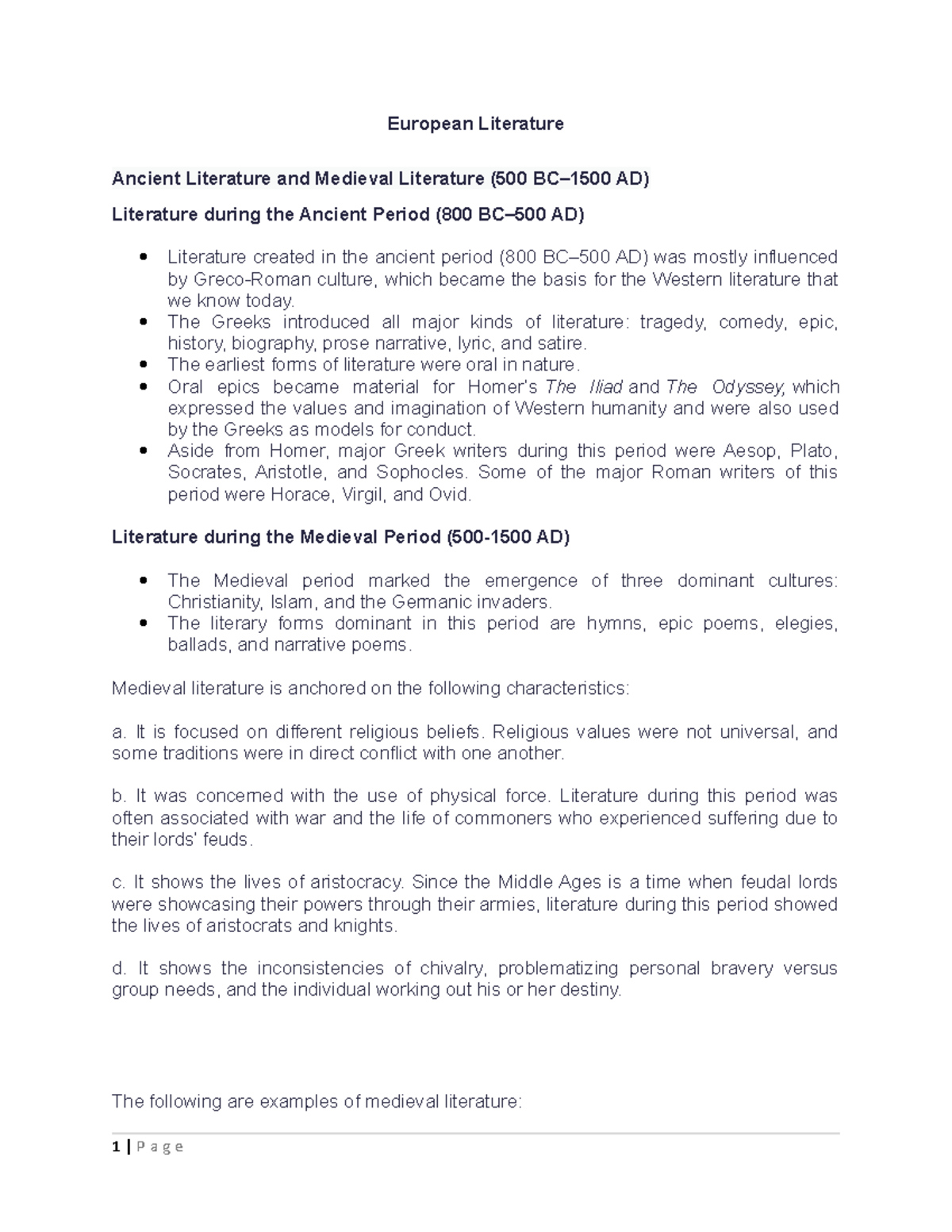 European Literature - European Literature Ancient Literature and ...