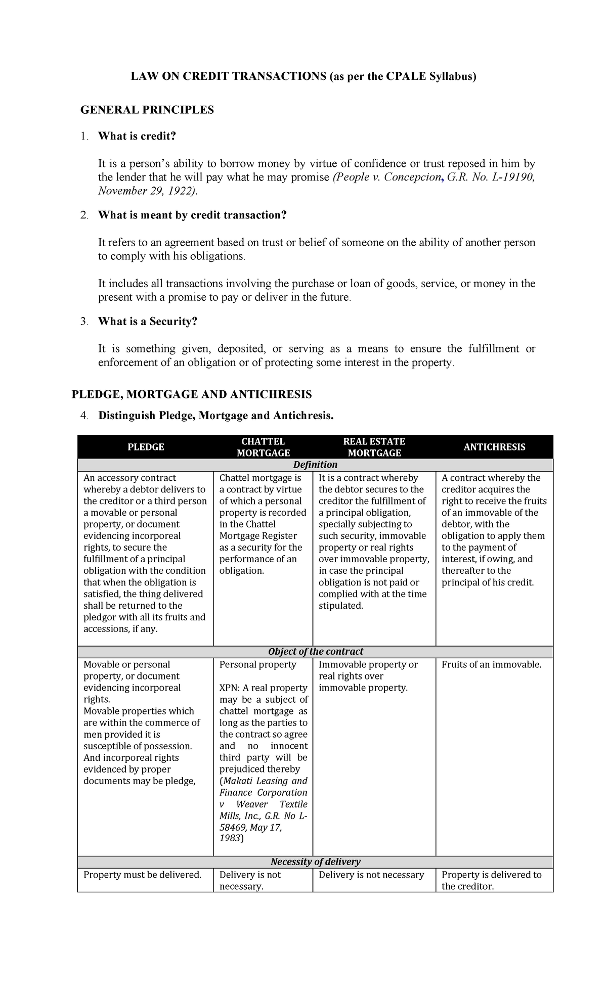 Law on credit transactions lec. aid - LAW ON CREDIT TRANSACTIONS (as ...