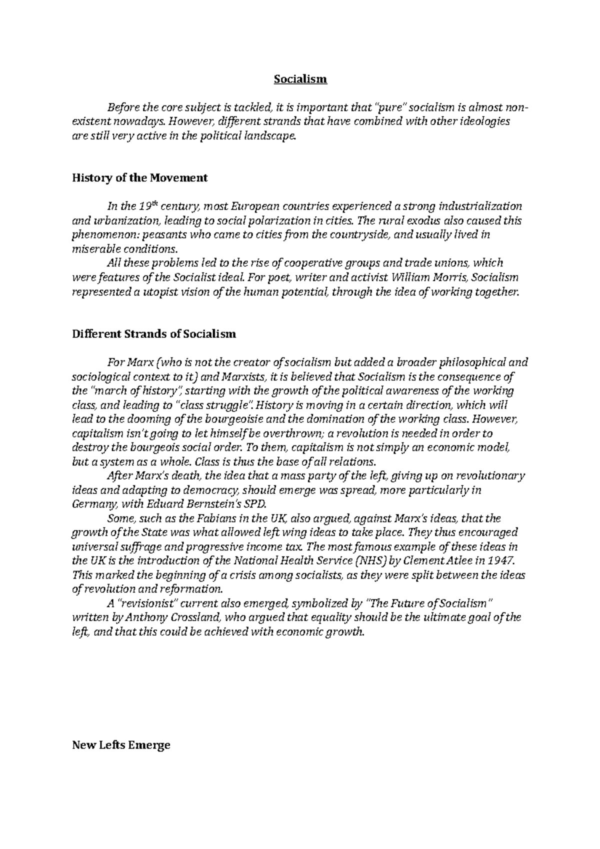 Socialism - Lecture notes - Socialism Before the core subject is ...