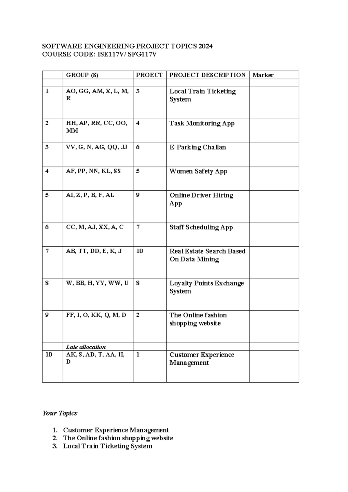 Assignment 2 Groups Topic - SOFTWARE ENGINEERING PROJECT TOPICS 2024 ...