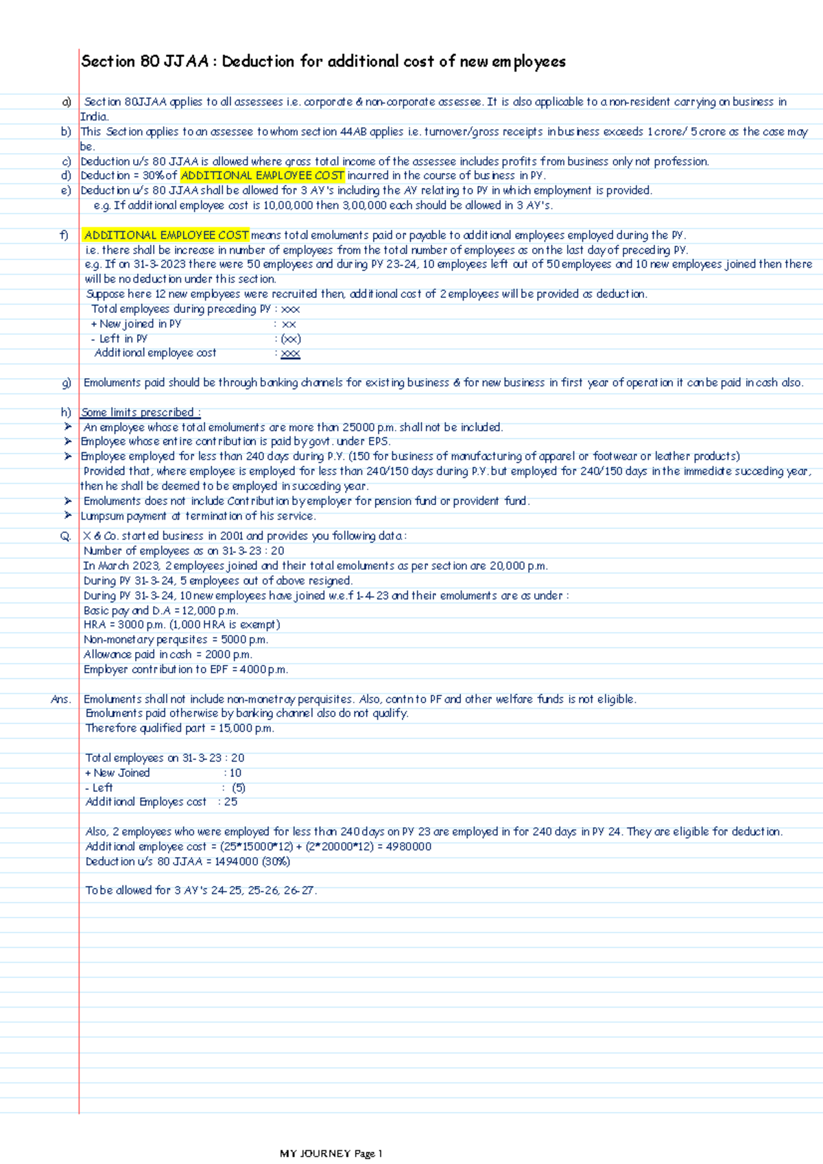 Section 80 JJAA Deduction for additional cost of new employees ...