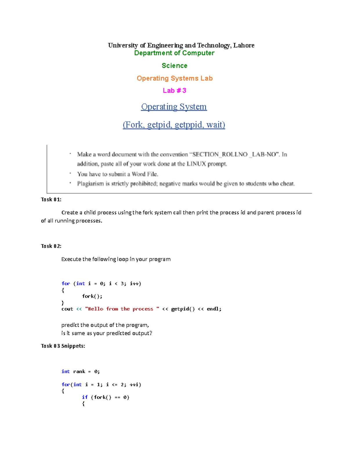 Lab 03 - jefjkjkefjkfjkwe jkdjjdjkdk - University of Engineering and Technology, Lahore ...