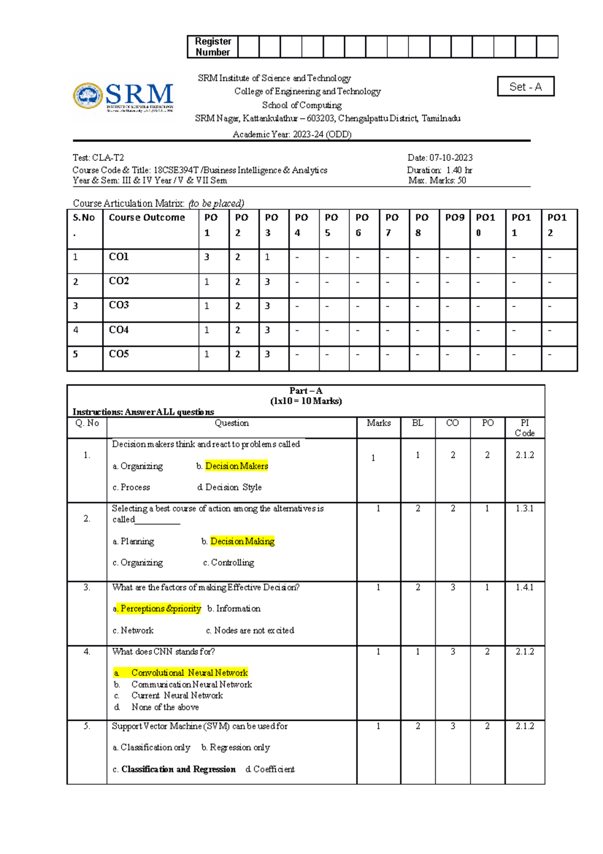 Cycle Test 2 Answer Key - Register Number SRM Institute of Science and ...