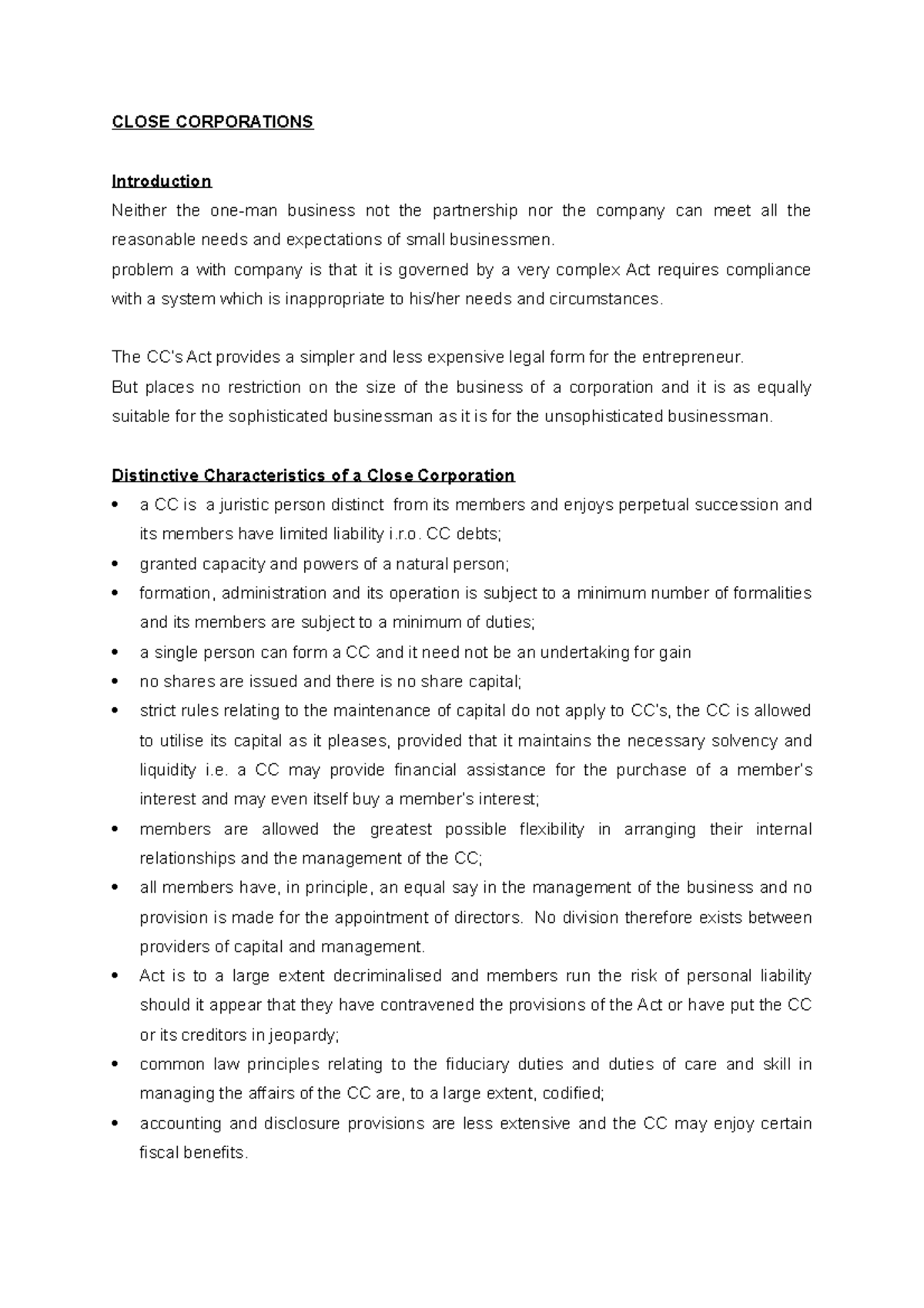 CCs notes 1 - close corporation - CLOSE CORPORATIONS Introduction ...