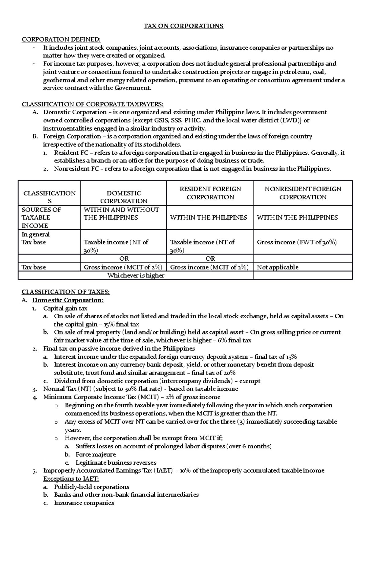 TAX ON Corporation - notes - TAX ON CORPORATIONS CORPORATION DEFINED ...