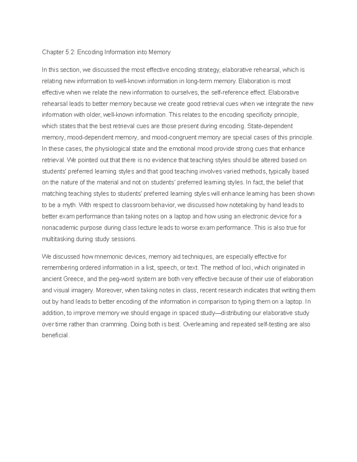 Chapter 5.2- Intro to Psychology Memory - Chapter 5: Encoding ...