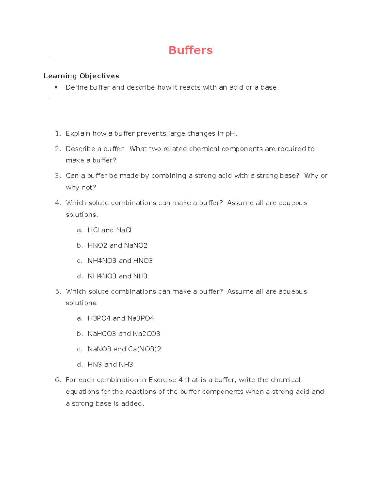 Section 10.5 Worksheet - Buffers Learning Objectives Define buffer and ...