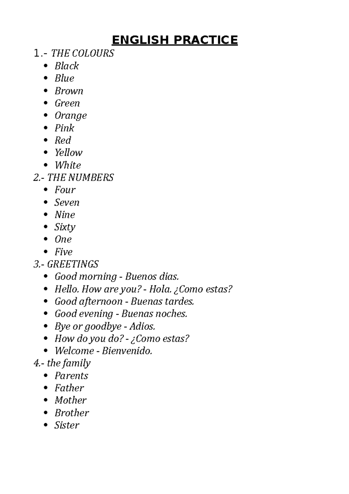 English practice - ENGLISH PRACTICE 1.- THE COLOURS Black Blue Brown ...