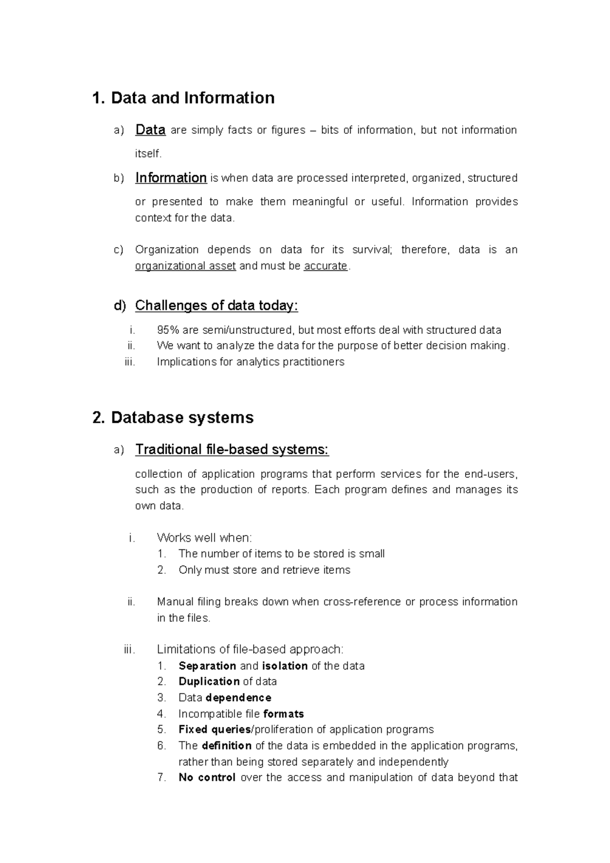 Lecture Notes Summary of BT2102 - 1. Data and Information a) Data are ...